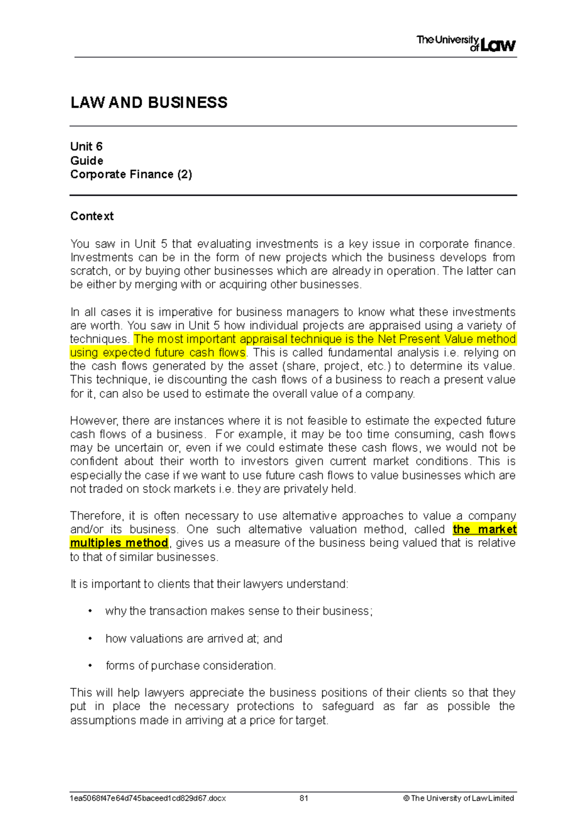 Masters ws 6 guide - LAW AND BUSINESS Unit 6 Guide Corporate Finance (2 ...