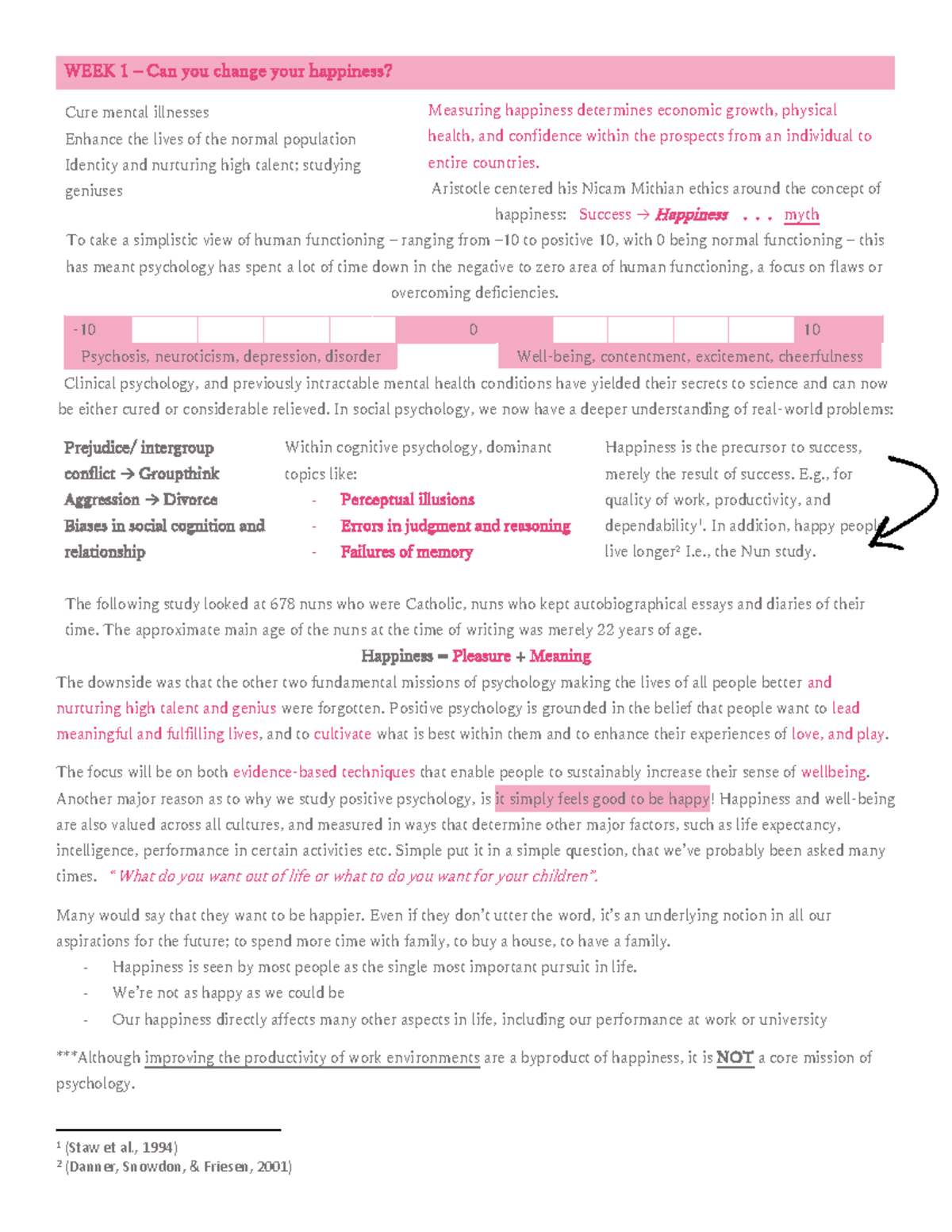 Positive Psychology Notes - ####### WEEK 1 – Can you change your ...