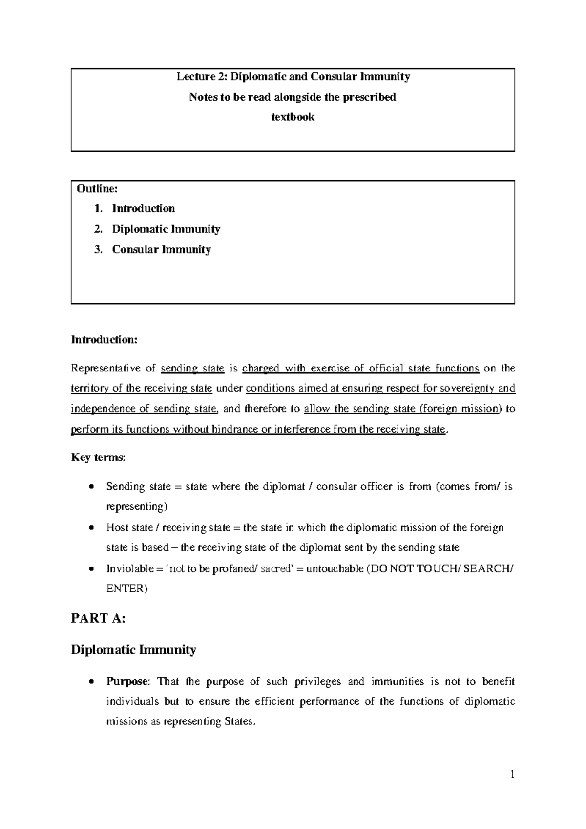 Diplomatic and consular immunities PBL 320 2022 - Lecture 2: Diplomatic ...
