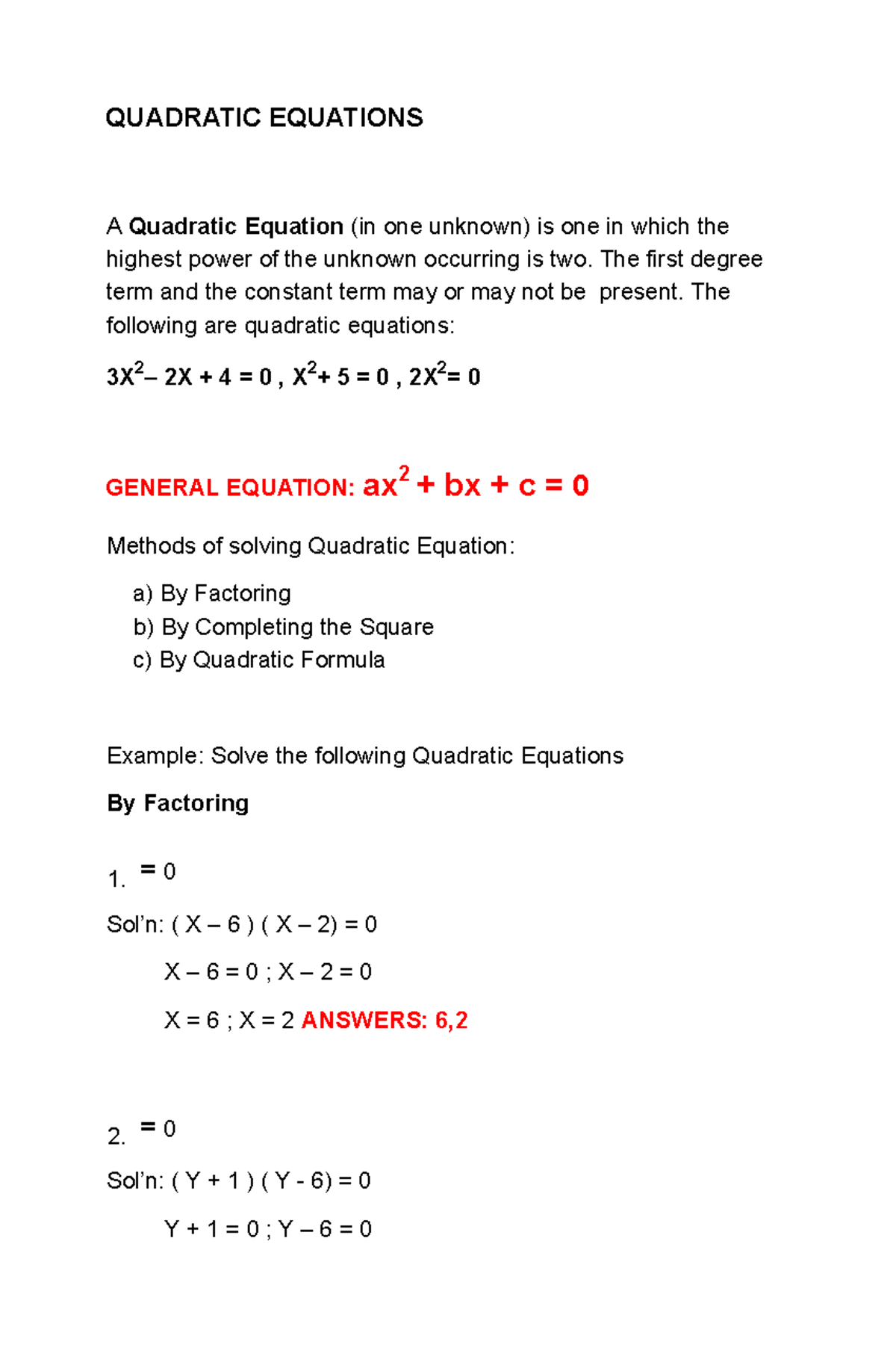 Quadratic Equations - The first degree term and the constant term may ...