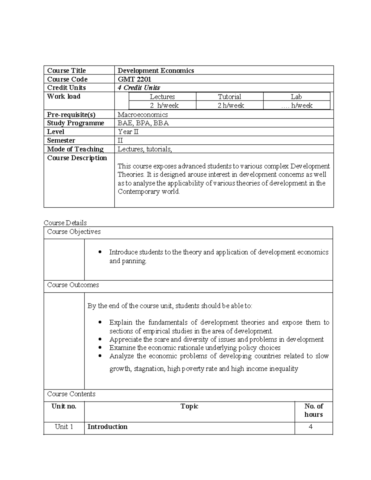 Course Outline Development Economics Gmt2201 Course Title Development Economics Course Code