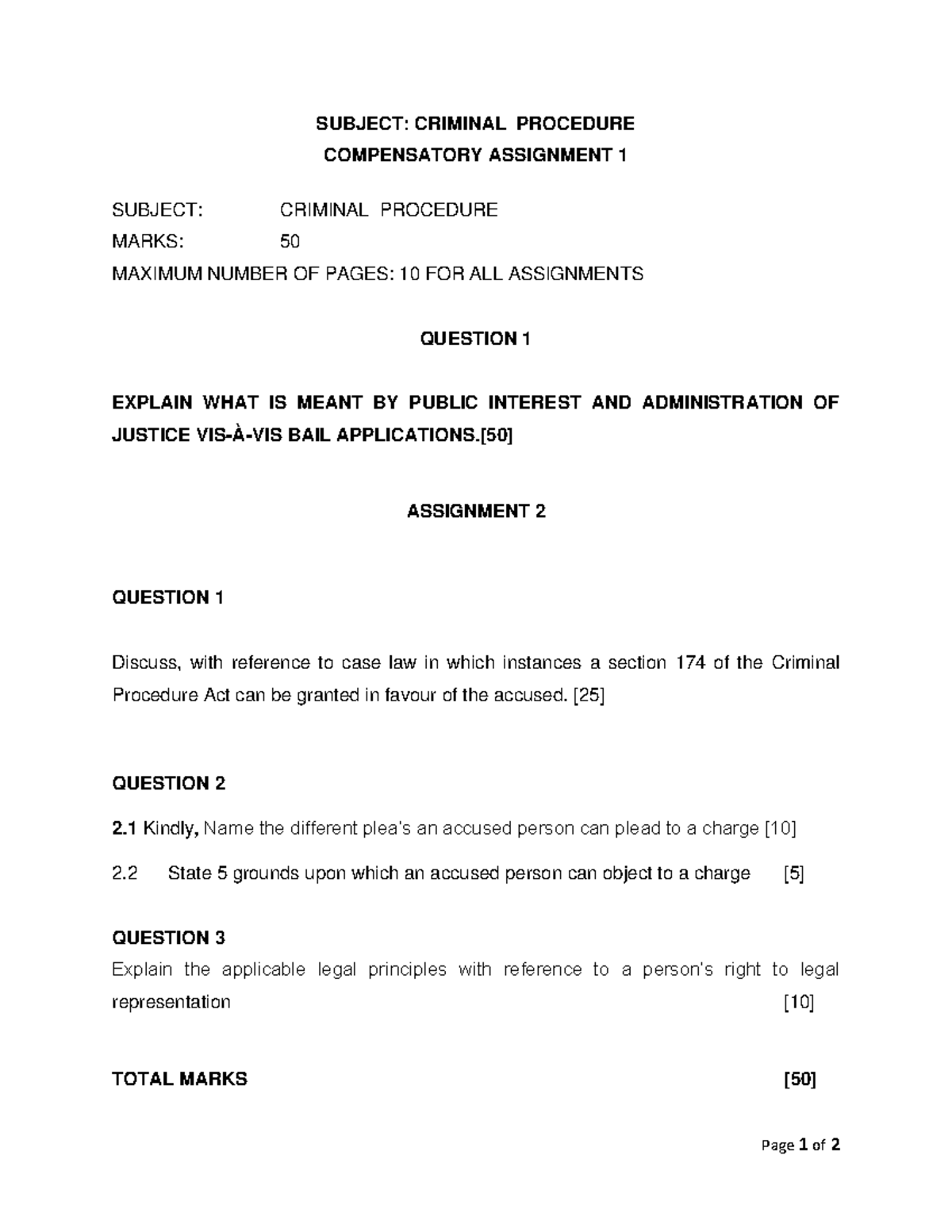 Assessment 2 and compensatory assignments - Page 1 of 2 SUBJECT ...