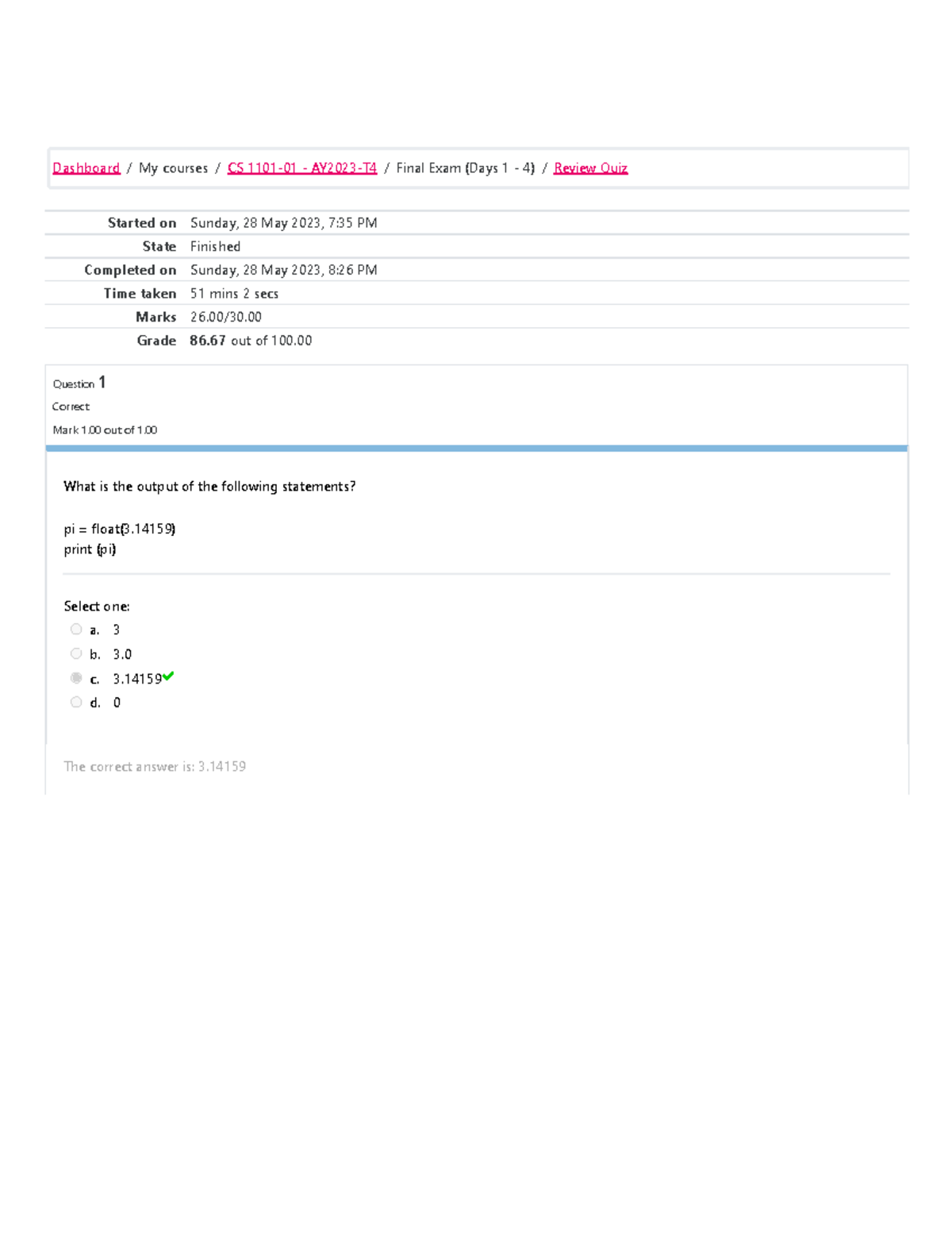 CS 1101 Review Quiz Attempt review - Started on Sunday, 28 May 2023, 7: ...