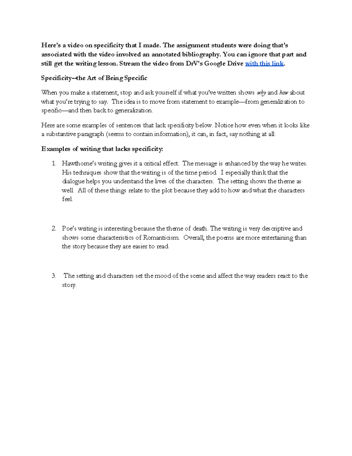 Specificity - Examples of non-specific writing that can be used to ...