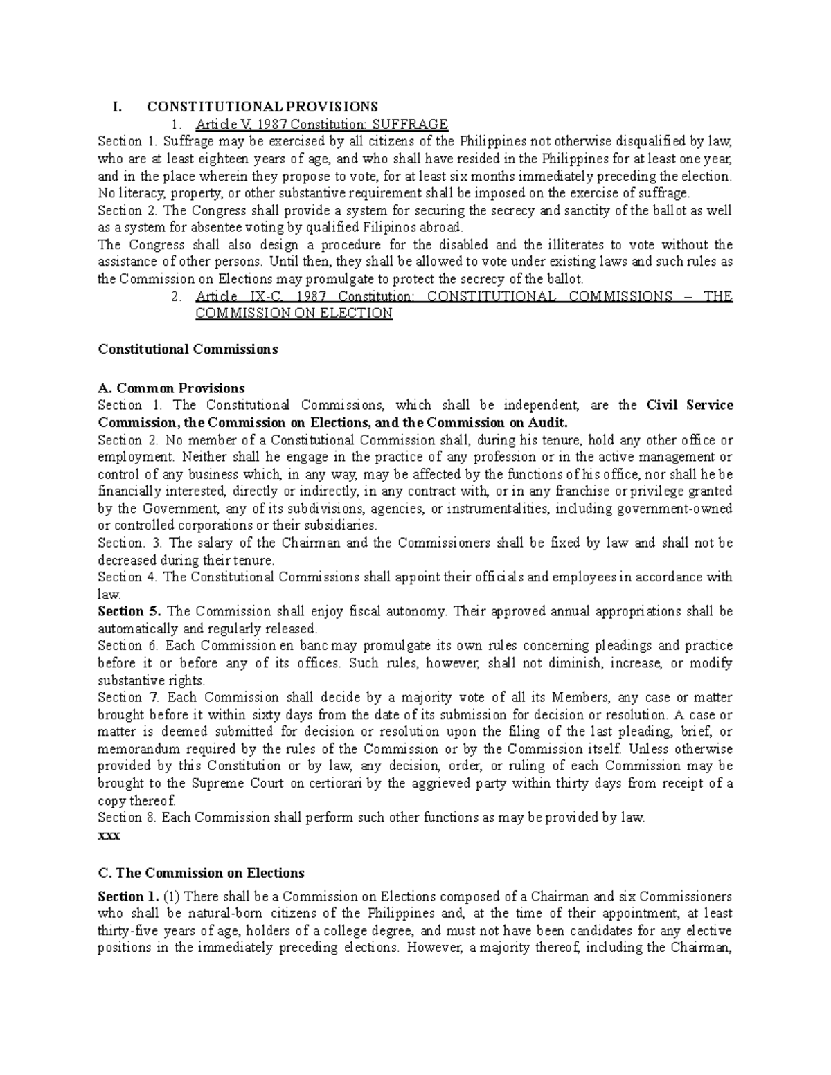 Mod 1 - notes - I. CONSTITUTIONAL PROVISIONS Article V, 1987 ...