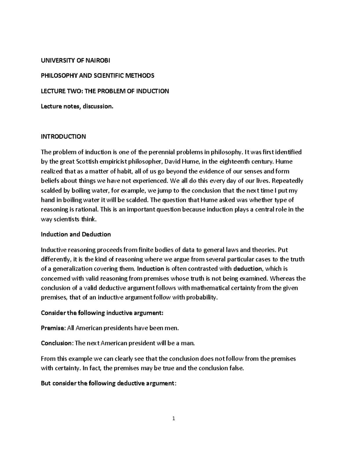 THE Problem OF Induction Notes AND Dicussion - UNIVERSITY OF NAIROBI ...