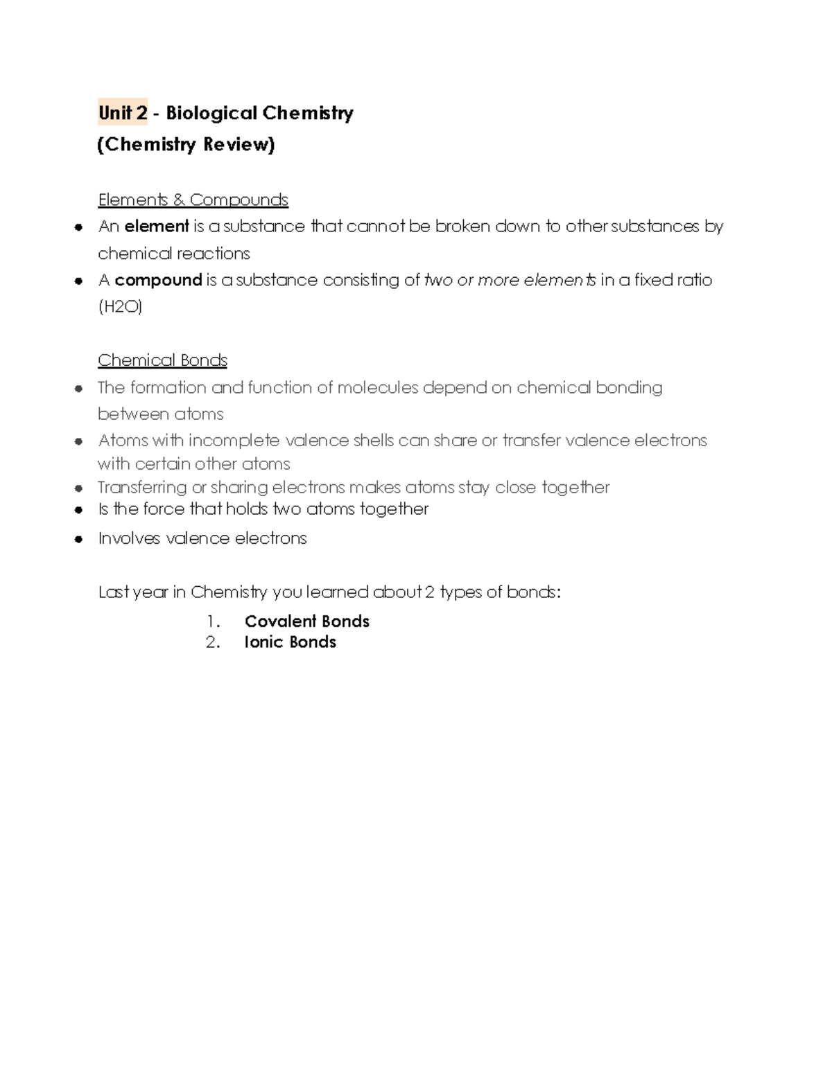 11th Grade Biology Year 1 - Unit 2 - Unit 2 - Biological Chemistry ...