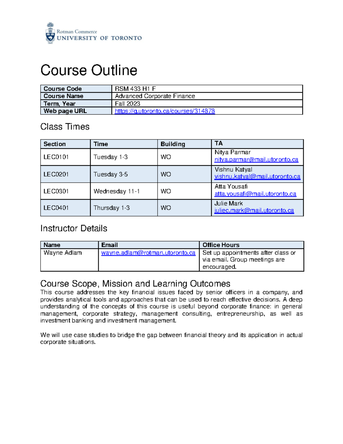 RSM 433 Course Outline 2023-2 - Course Outline Course Code RSM 433 H1 F ...
