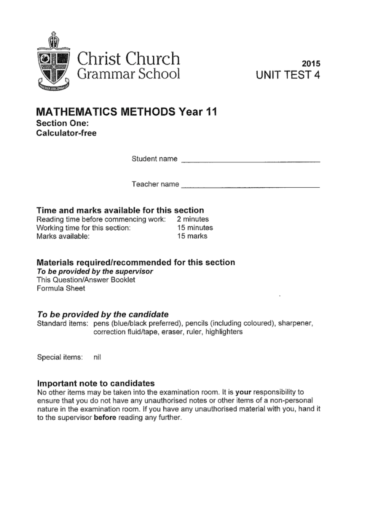2016 ccgs test 5 - exam - Christ Church 2015 Grammar School UNIT TEST 4 ...
