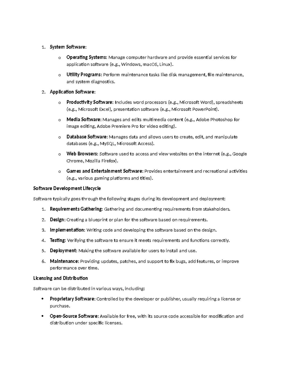 Summary notes - 1. System Software: o Operating Systems: Manage ...
