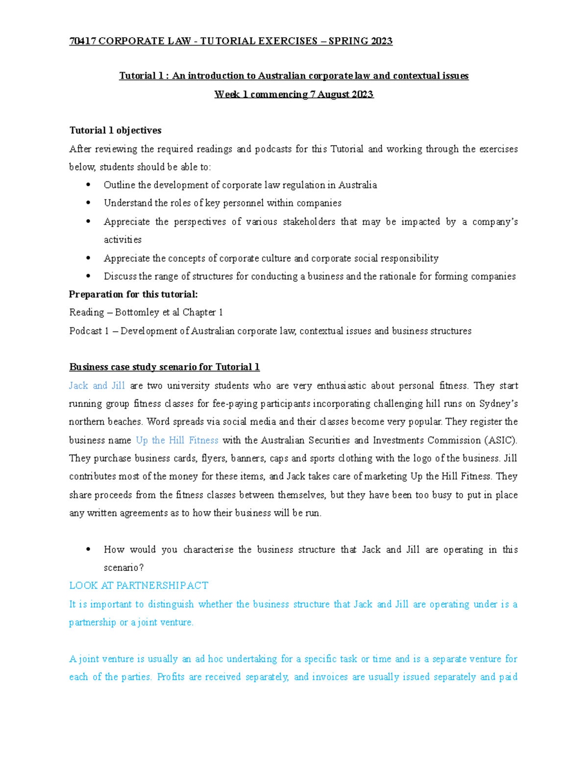 70417 Corporate LAW Tutorials - Tutorial 1 : An introduction to Australian corporate law and ...