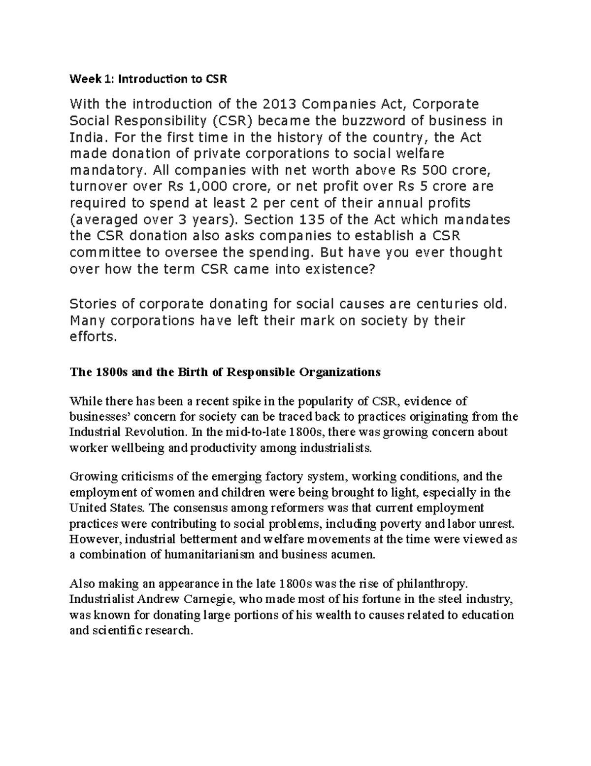 Week 1 notes - Intro to corporate responsibility - Week 1: Introduction ...