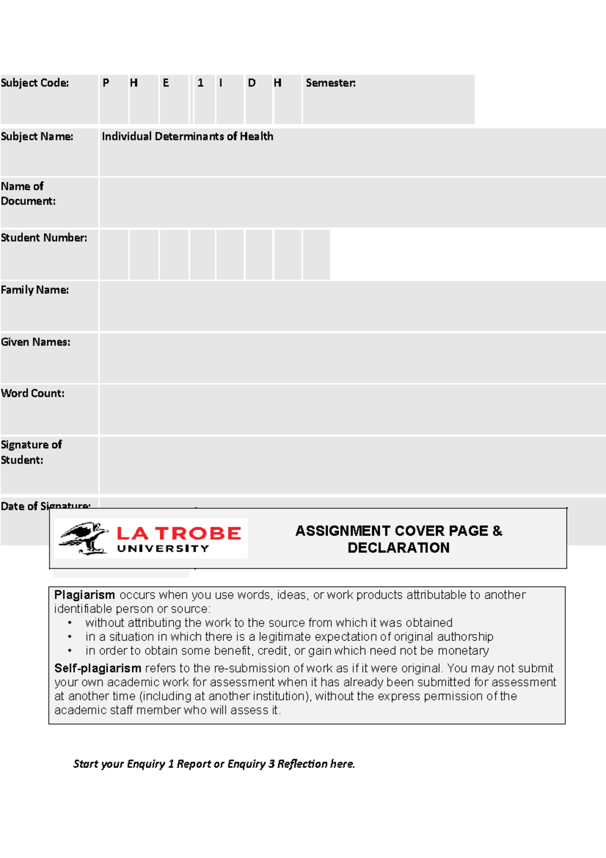 Assignment Cover Page - Grade: B - Subject Code: P H E 1 I D H Subject ...