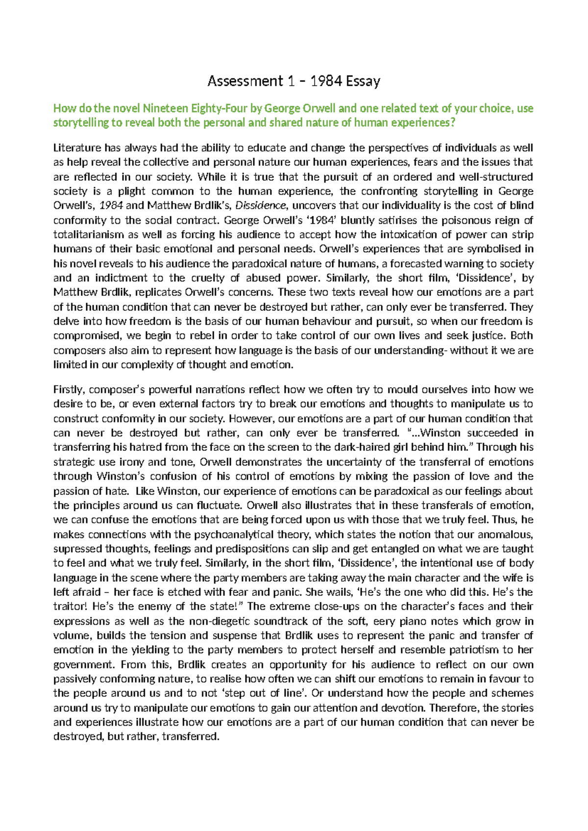 1984 Essay - Assessment 1 – 1984 Essay How do the novel Nineteen Eighty ...