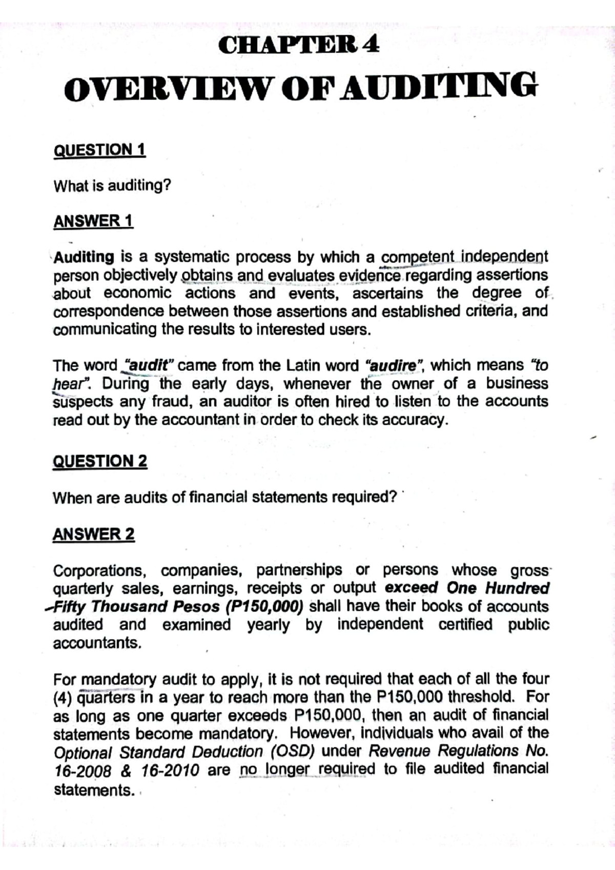 Auditing Theory chapter 4-5 - CHAPTER 4 OVERVIEW OF AUDITING QUESTION 1 What is auditing? ANSWER ...