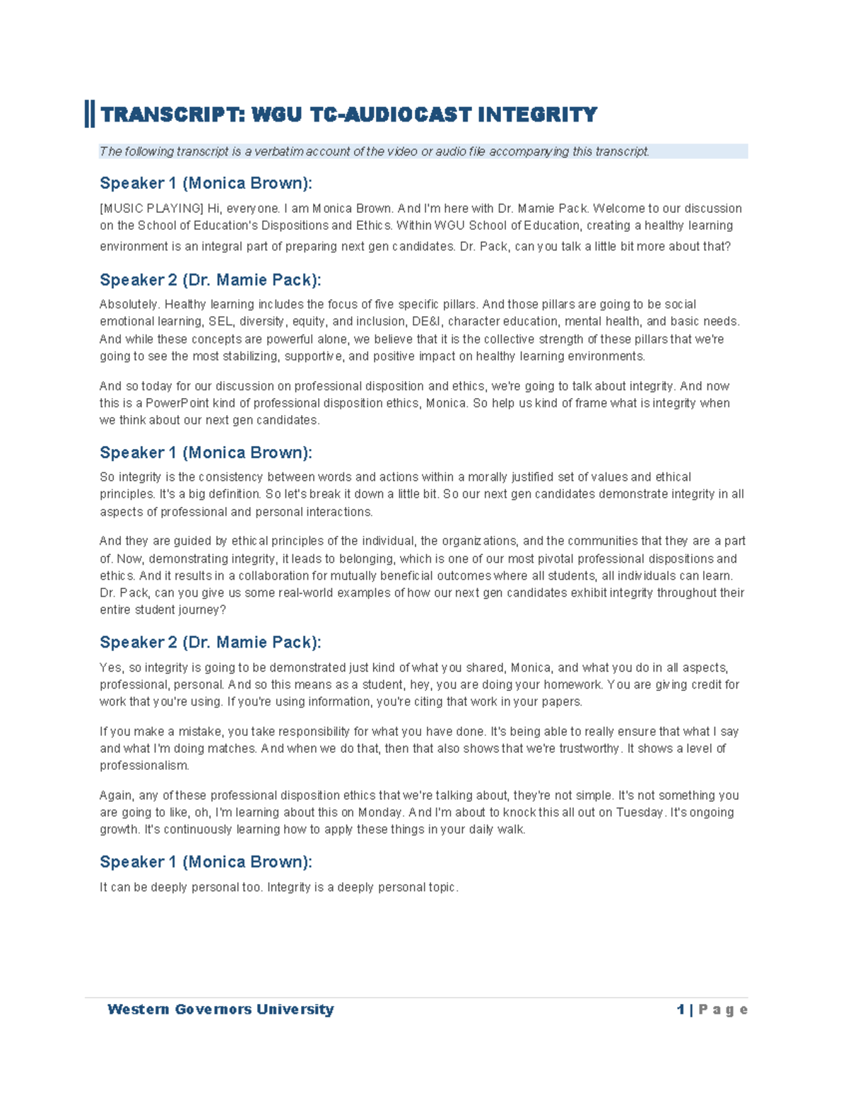 Audiocast transcript integrity - TRANSCRIPT: WGU TC-AUDIOCAST INTEGRITY ...