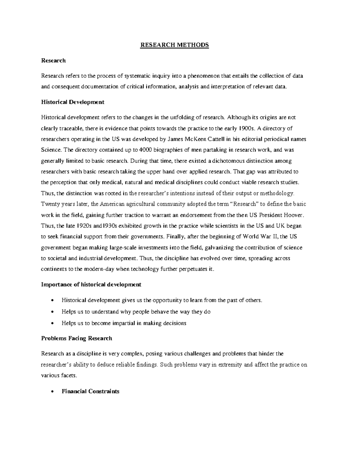 Research Methods - Notes - RESEARCH METHODS Research Research refers to ...