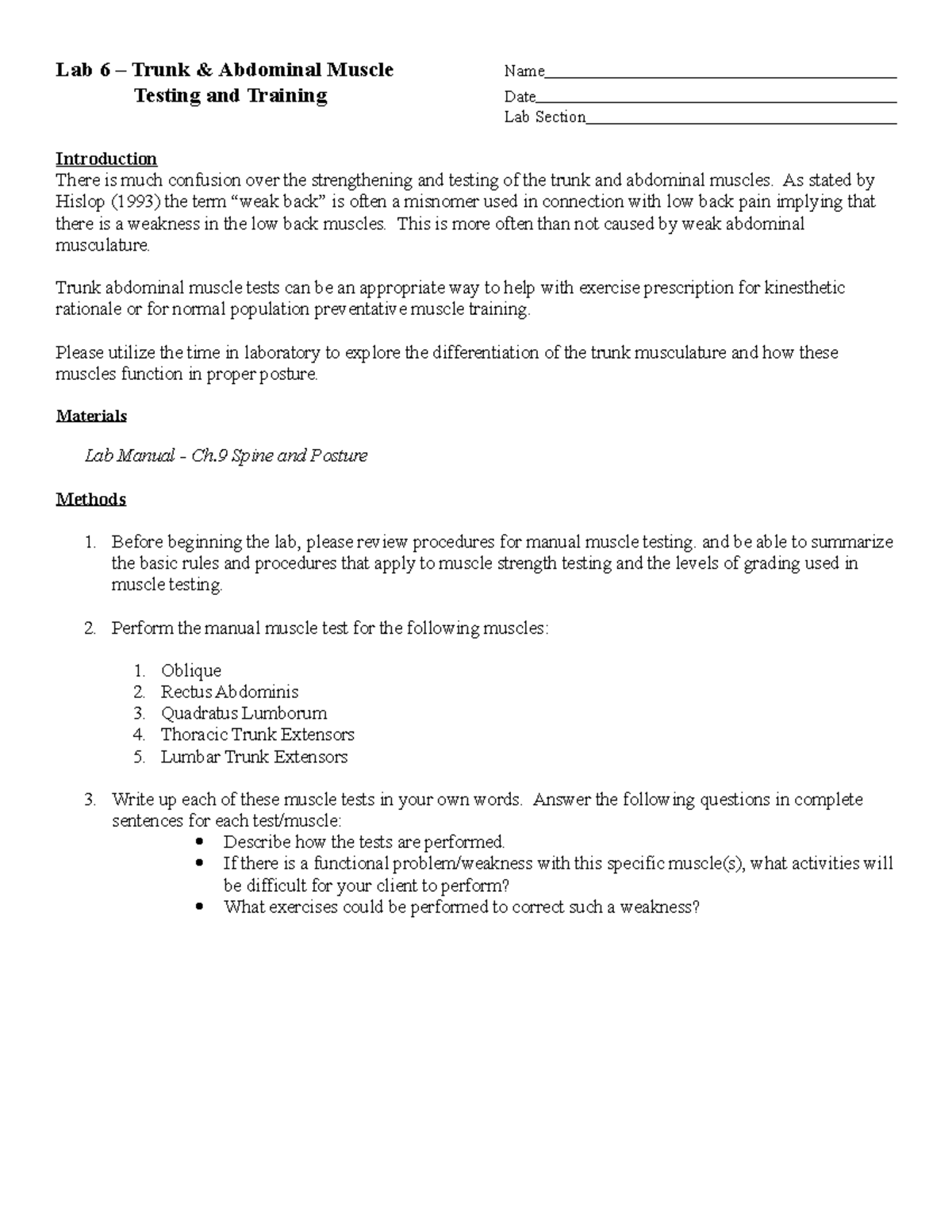 Lab 6 Trunk Ab Muscle Test Analysis Exer-2 - Testing and Training Date ...