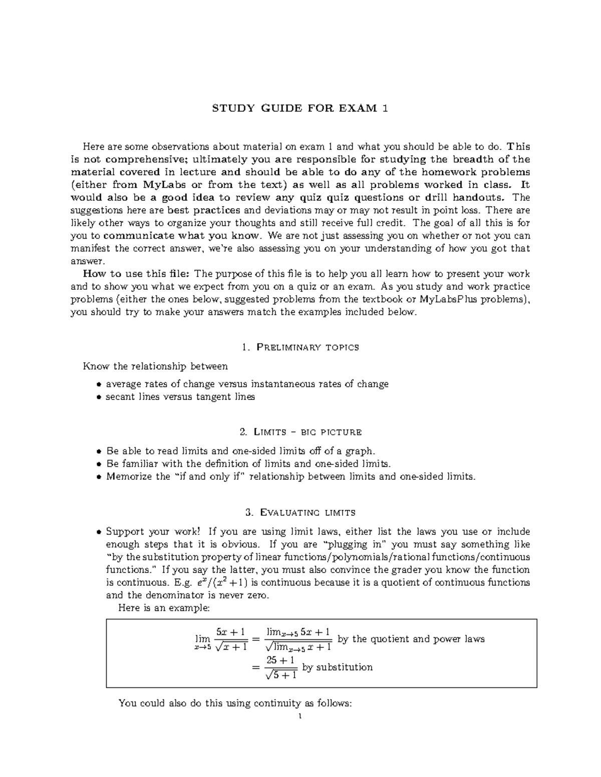 Cal 1 exam 1 study guide - STUDY GUIDE FOR EXAM 1 Here are some ...