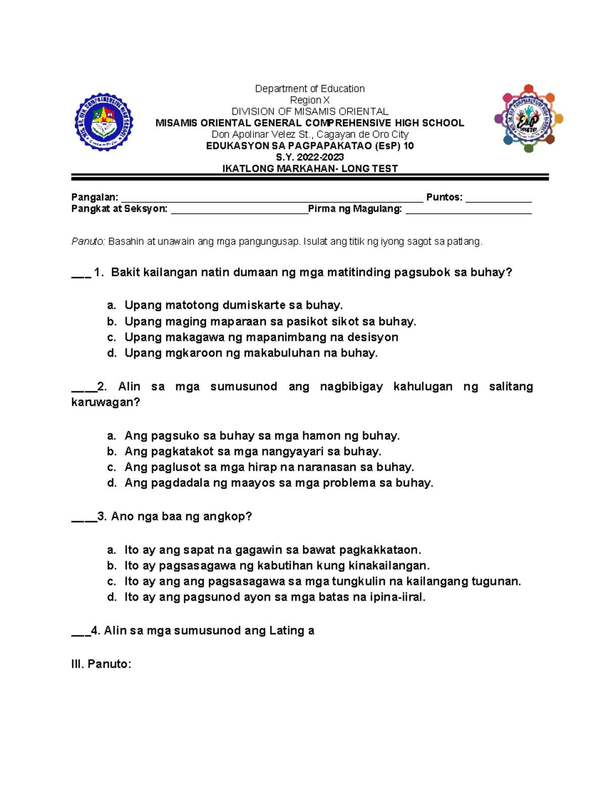 Summative TEST 3RD Quarter - Department of Education Region X DIVISION ...