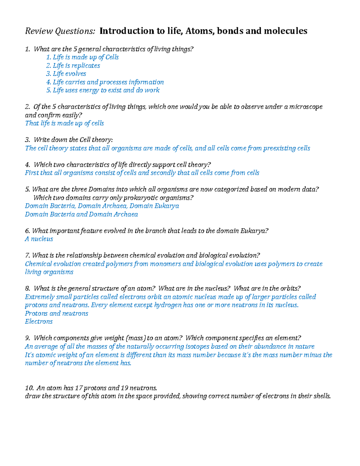 Intro to life Review Questions - Review Questions: Introduction to life ...