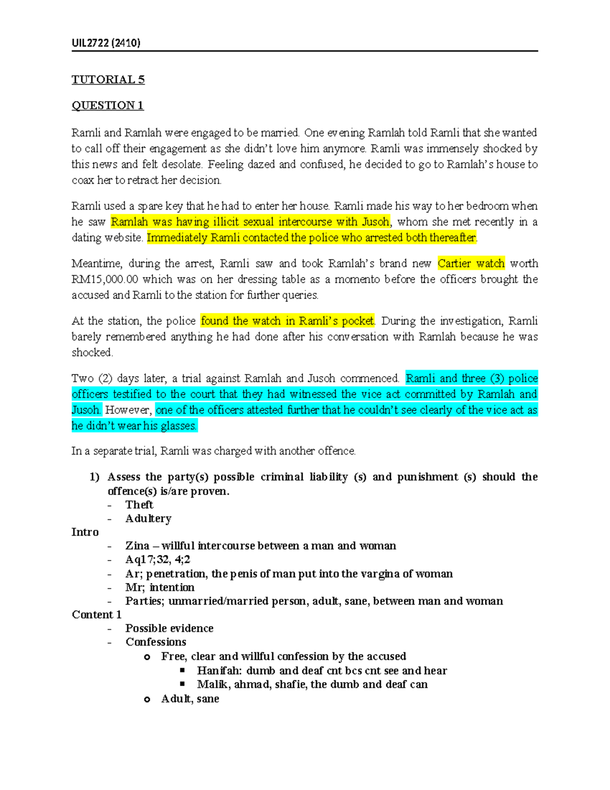 Tutorial 5a Question - UIL2722 (2410) TUTORIAL 5 QUESTION 1 Ramli and Ramlah were engaged to be ...