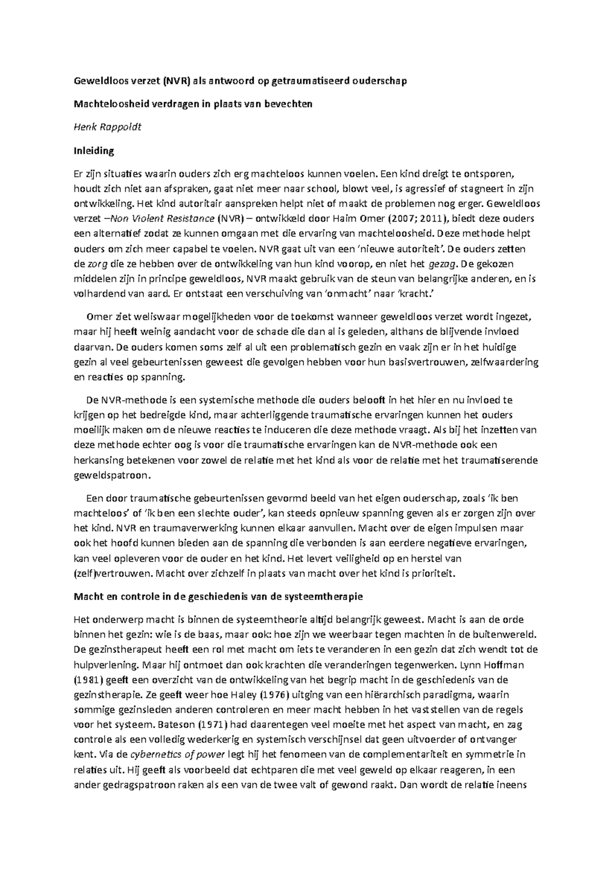 Geweldloos verzet - kleine samenvatting - Geweldloos verzet (NVR) als ...