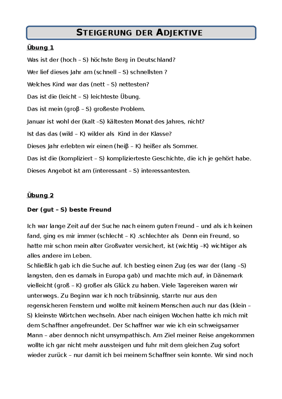 Steigerung der Adjektive - Übungen - STEIGERUNG DER ADJEKTIVE Übung 1 ...