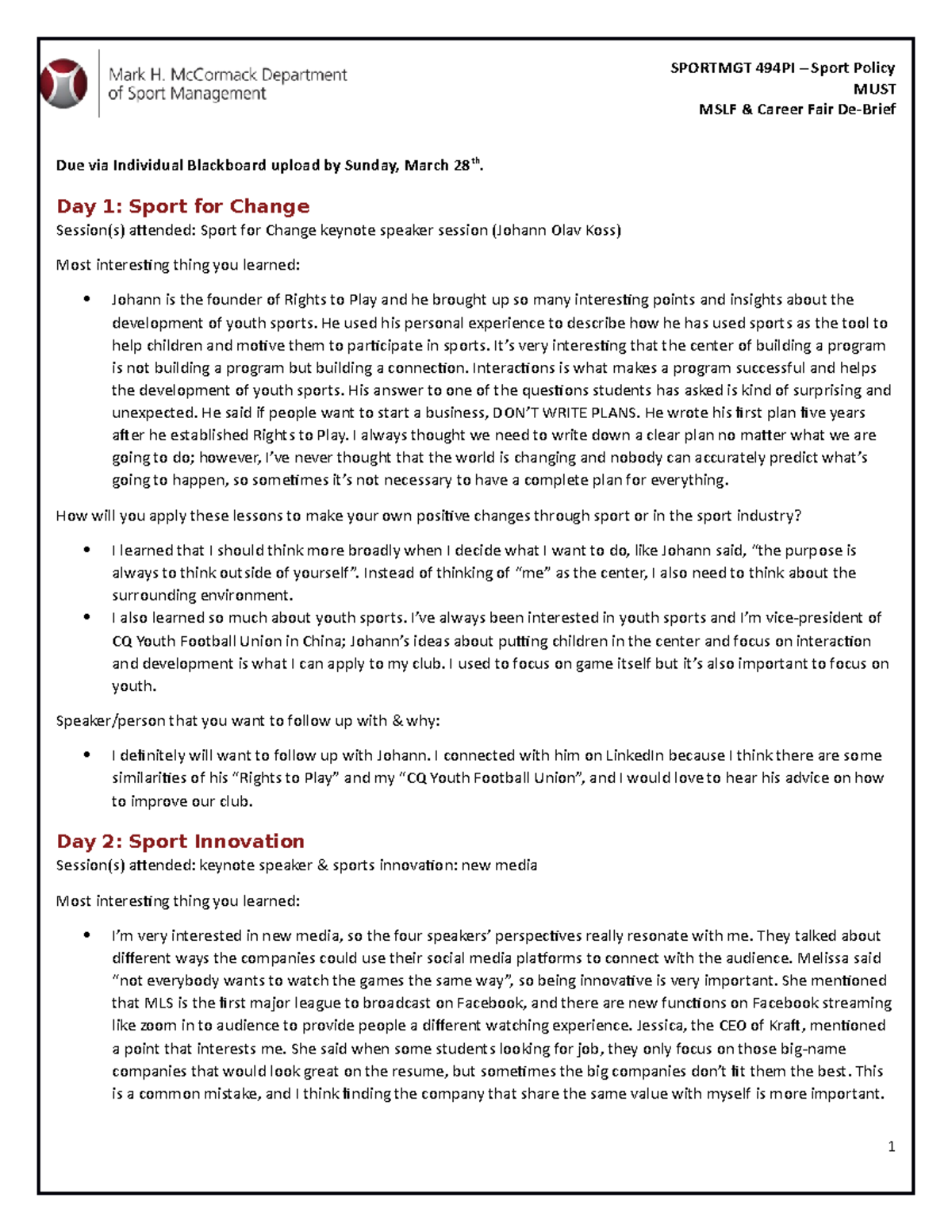 MSLF and Career Fair De Brief - SPORTMGT 494PI – Sport Policy MUST MSLF ...