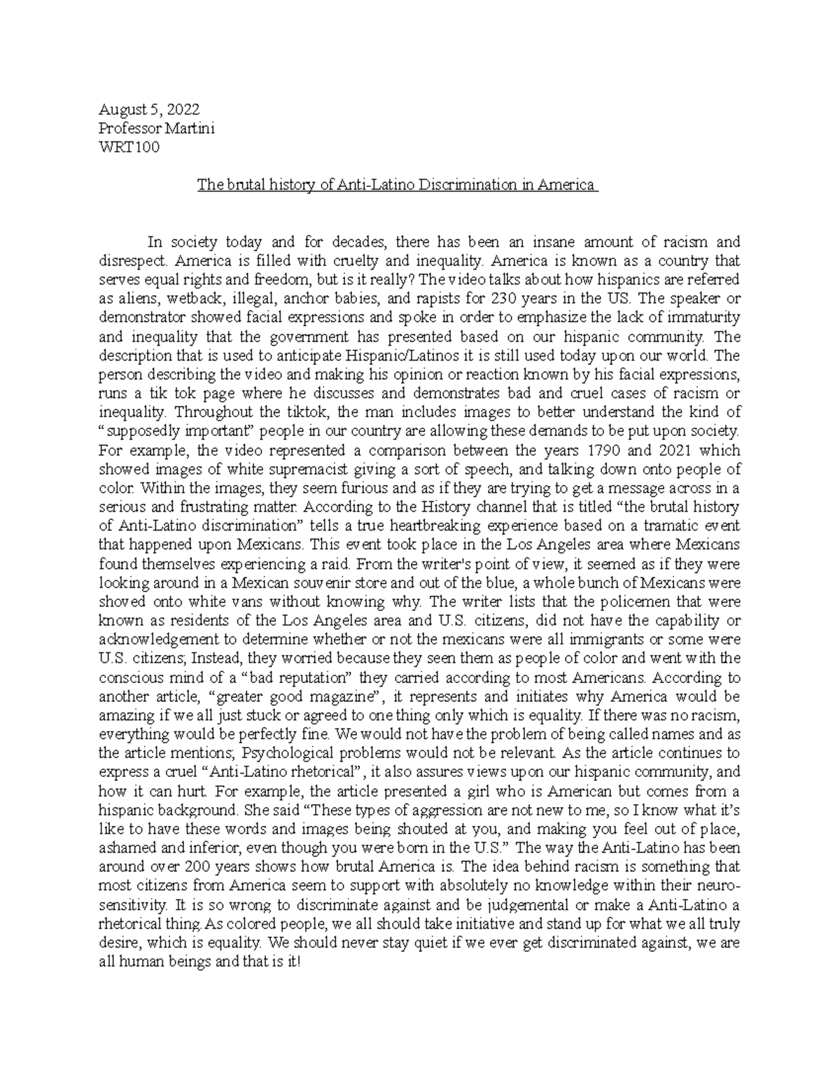 WRT100 - Tiktok - August 5, 2022 Professor Martini WRT The brutal ...