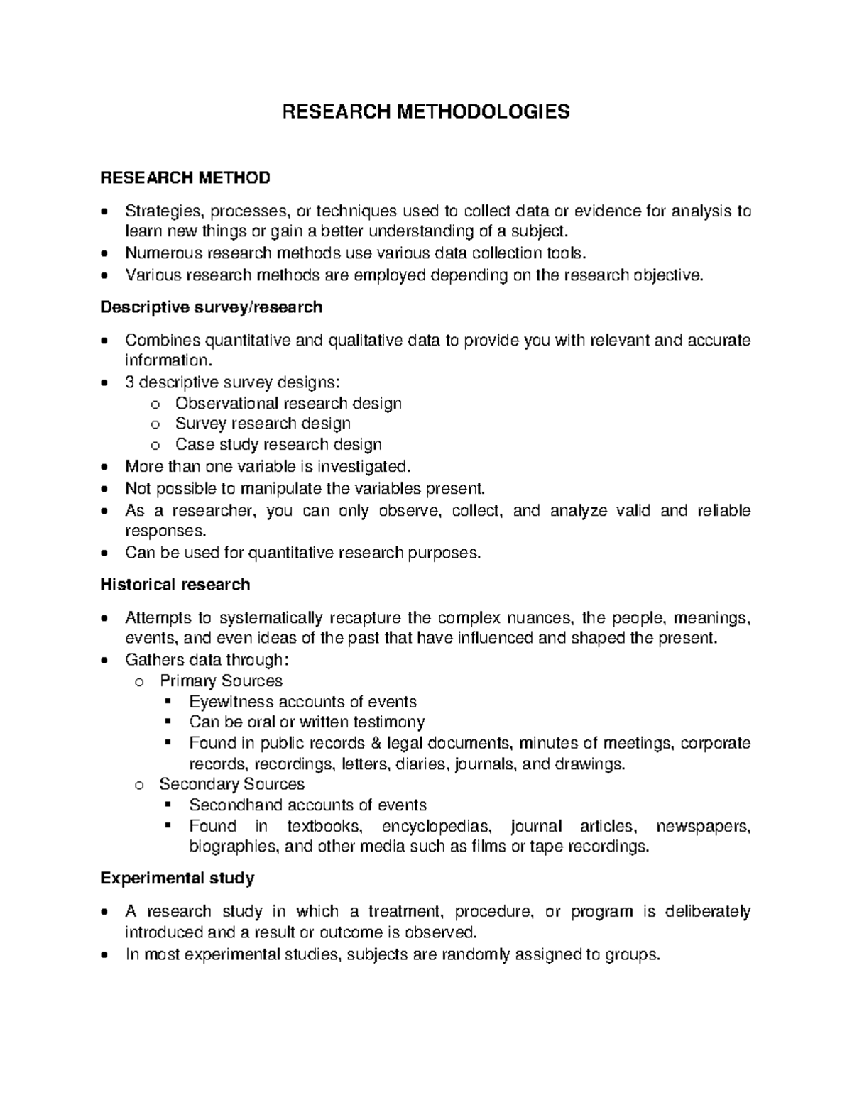 Research Methodologies - RESEARCH METHODOLOGIES RESEARCH METHOD ...