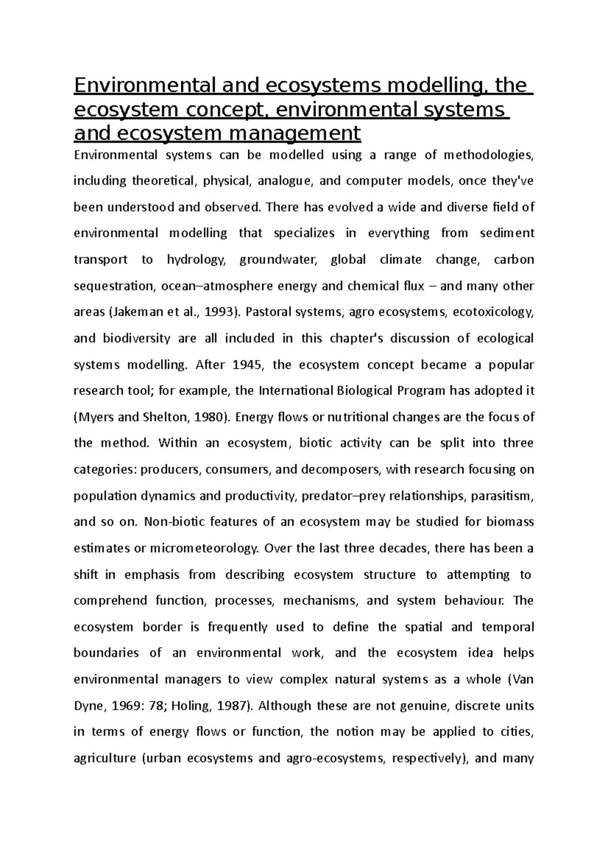 Environmental and ecosystems modelling, the ecosystem concept ...