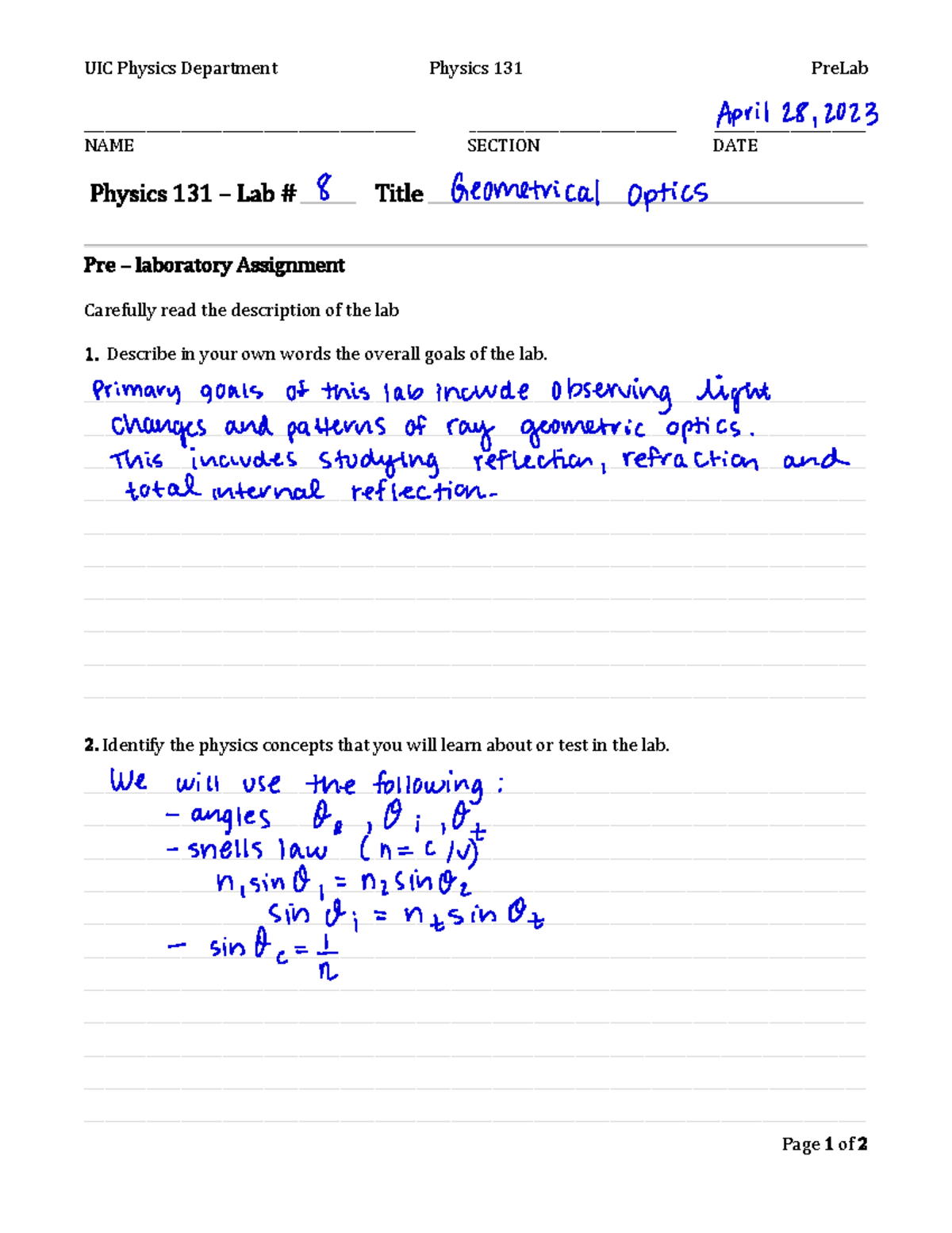 Lab 8- Geometrical Optics - UIC Physics Department Physics 131 PreLab ...