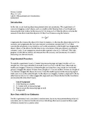 Phys lab report - Kinsey Lindner Phys 111 L/A Lab 01 / Measurement and ...