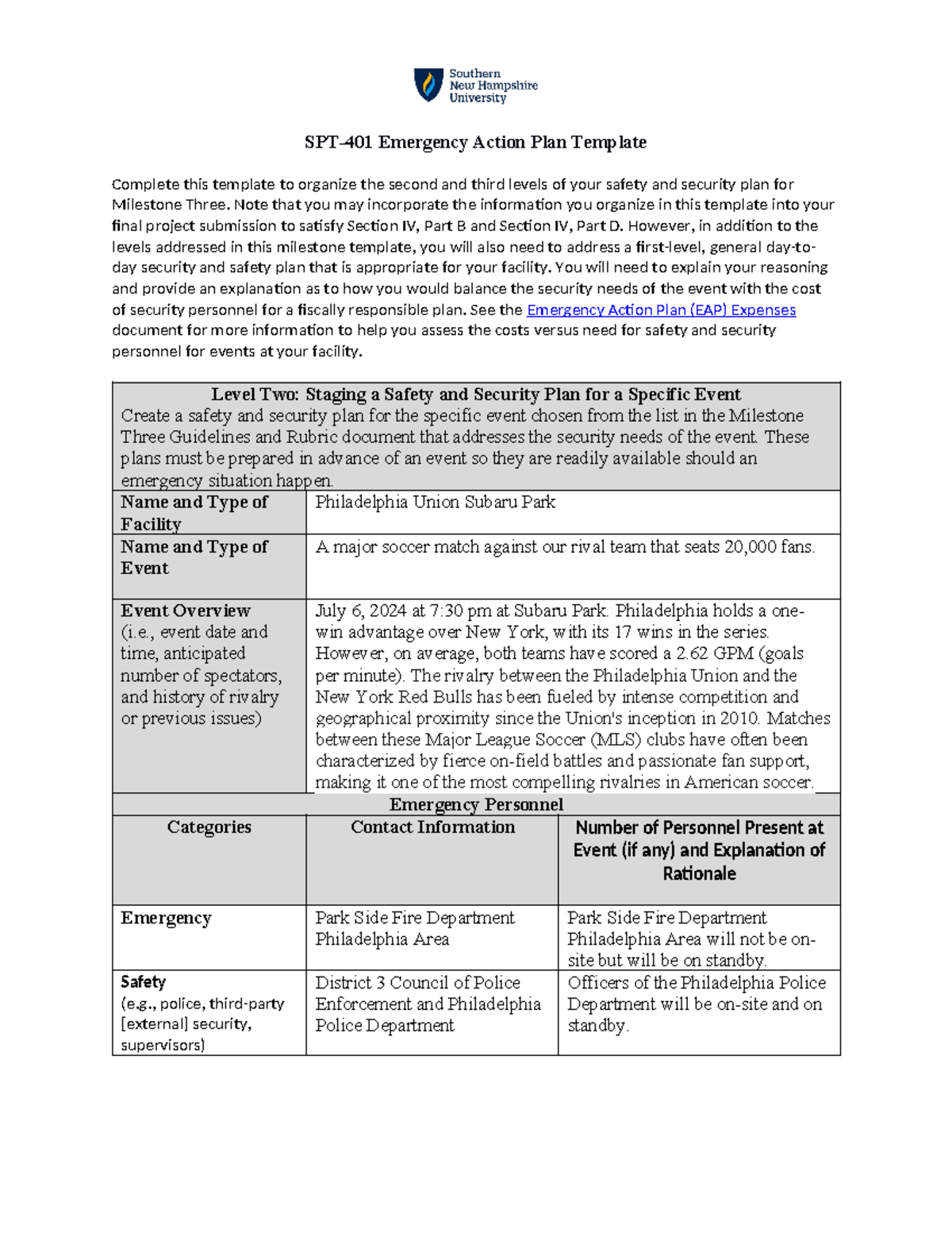SPT-401 Module 4 Assignment - SPT-401 Emergency Action Plan Template Complete this template to ...