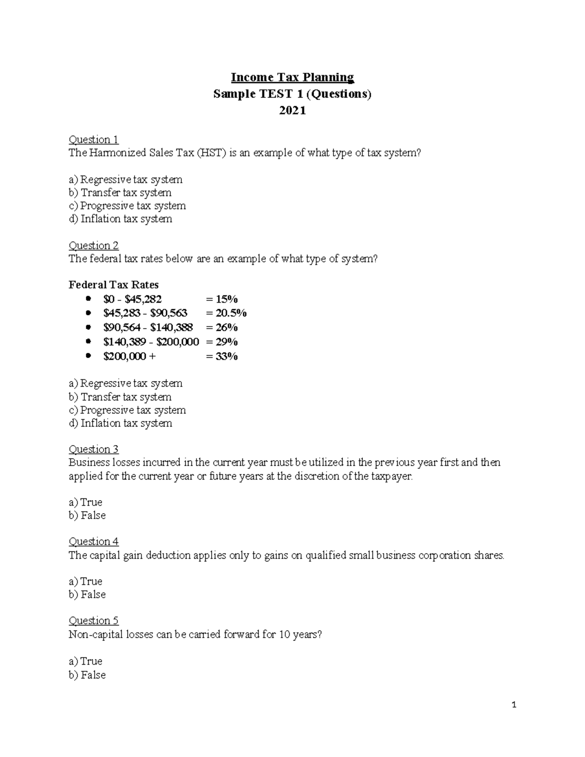 Income Tax Planning (FIN 2005 Sample Test 1 Questions) Fall 2021 ...
