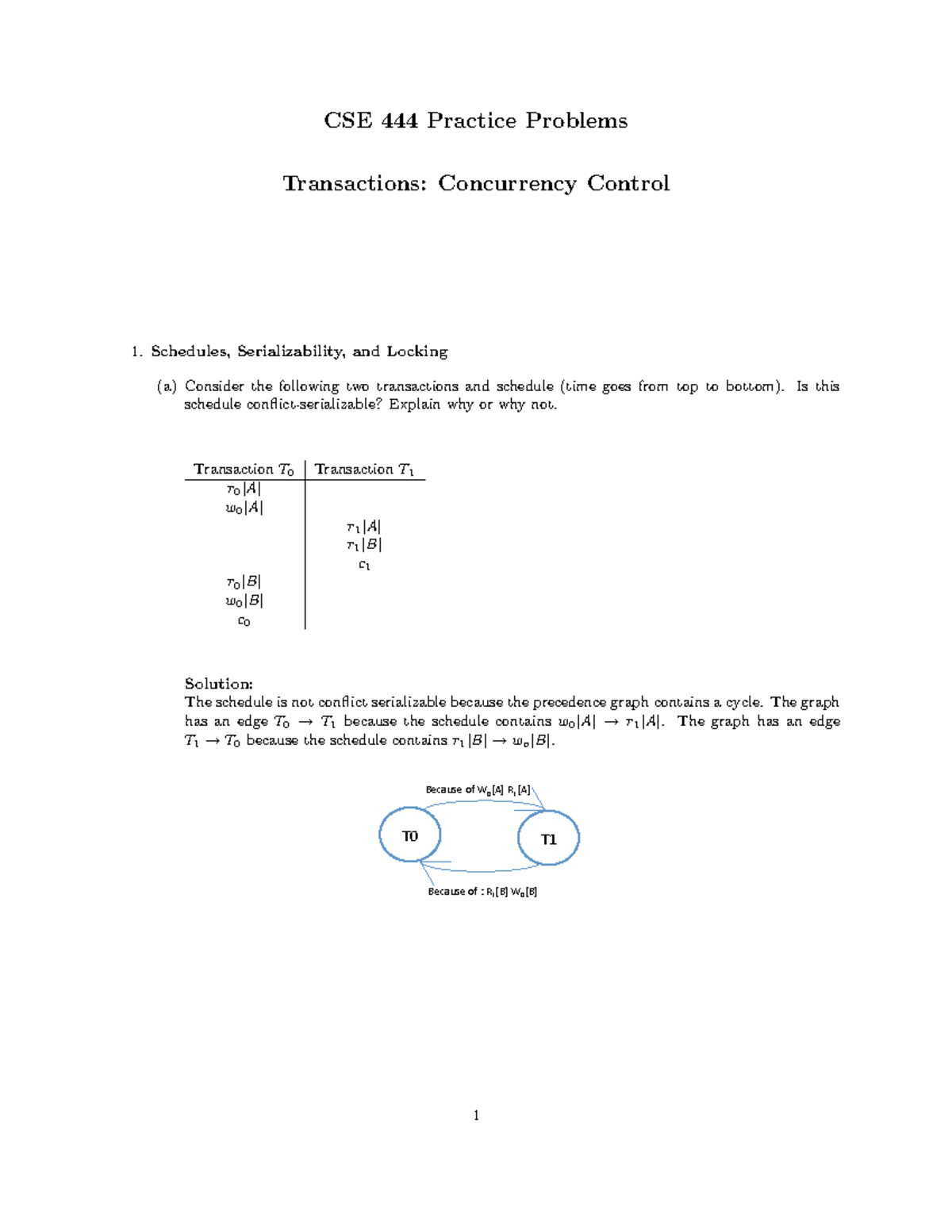 Practice transactions cc sol - CSE 444 Practice Problems Transactions: Concurrency Control - Studocu