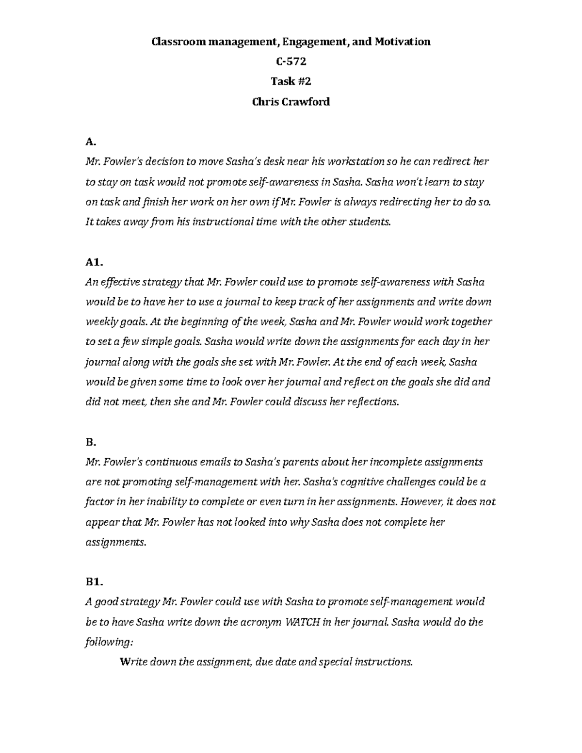 Classroom management Task #2 Student Behavior - C572 - WGU - Studocu