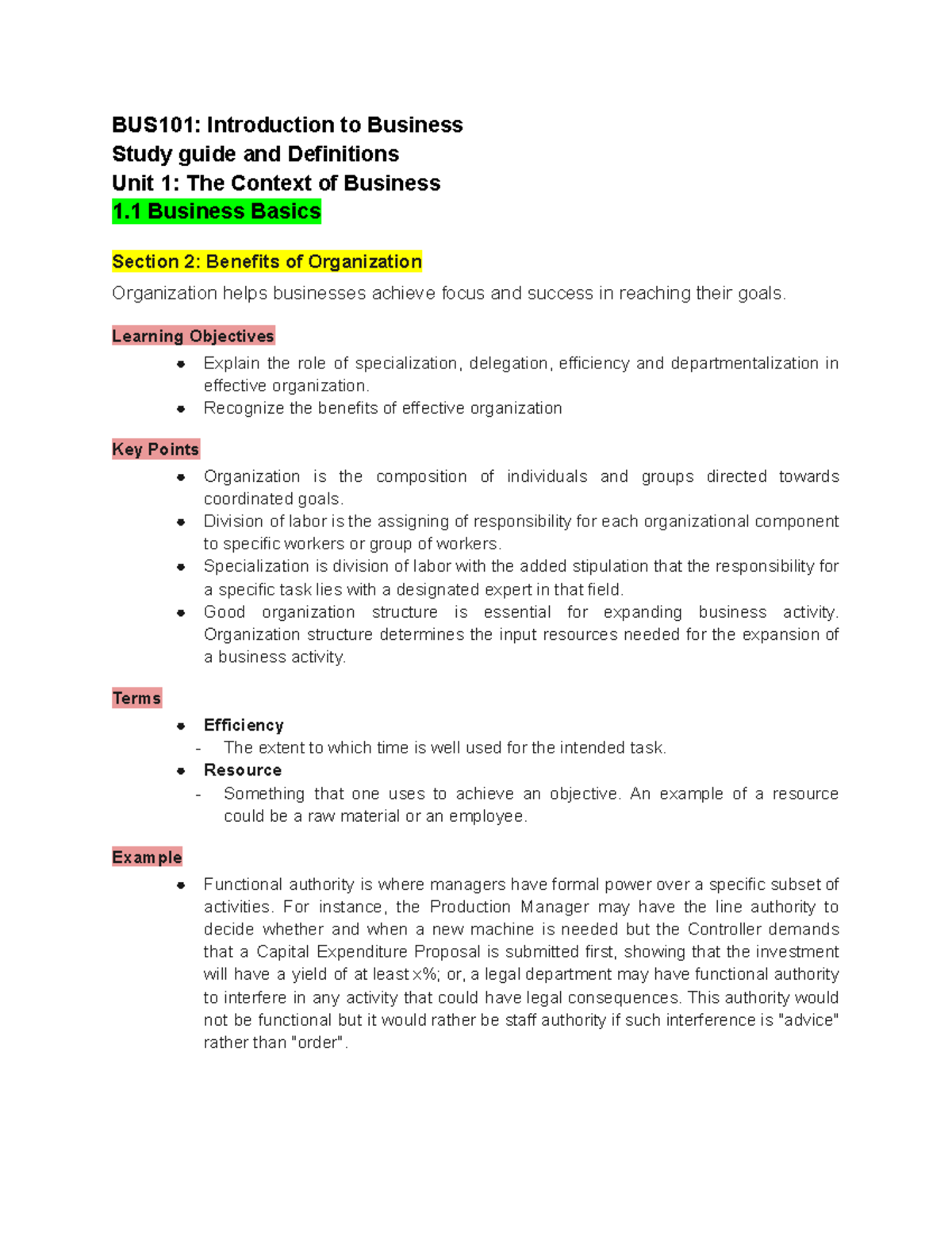 1.1 Business Basics (Section 2 Benefits of Organization) - BUS101 ...