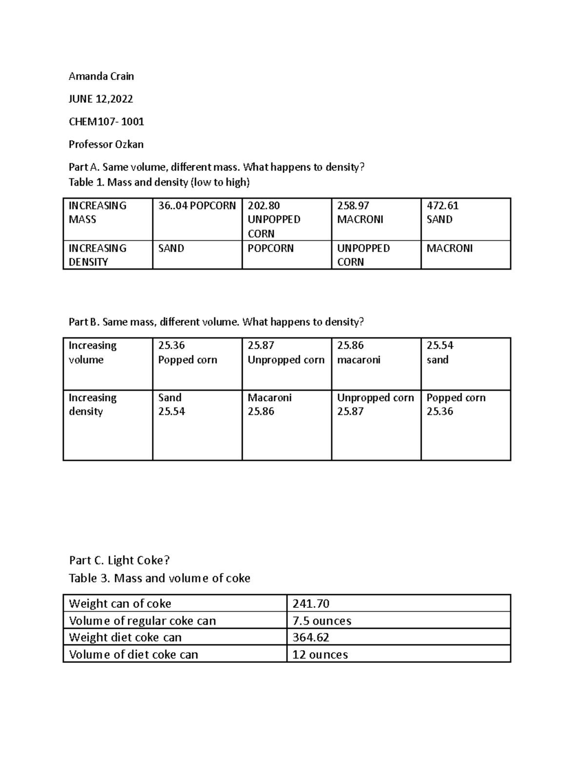 LAB 4 Density - lab course work chem107 - Amanda Crain JUNE 12, CHEM107 ...