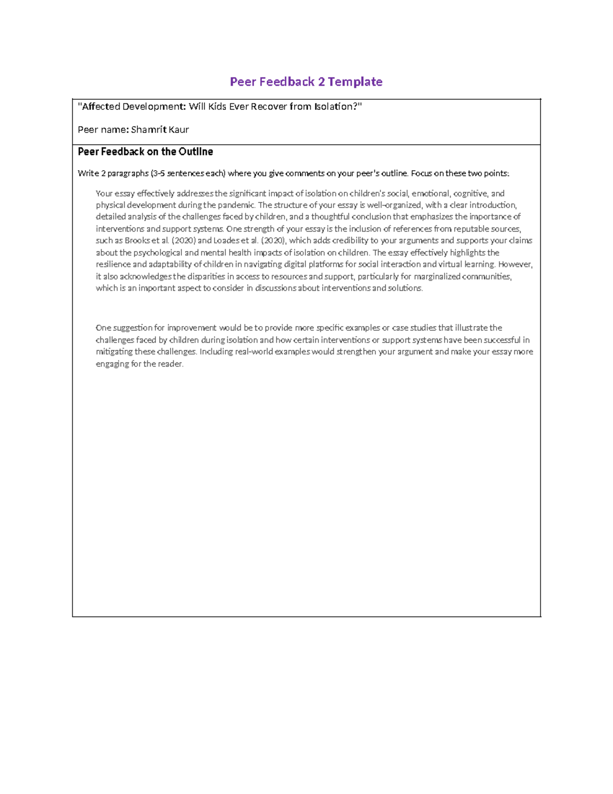 Peer Feedback 2 answer - Peer Feedback 2 Template "Affected Development ...