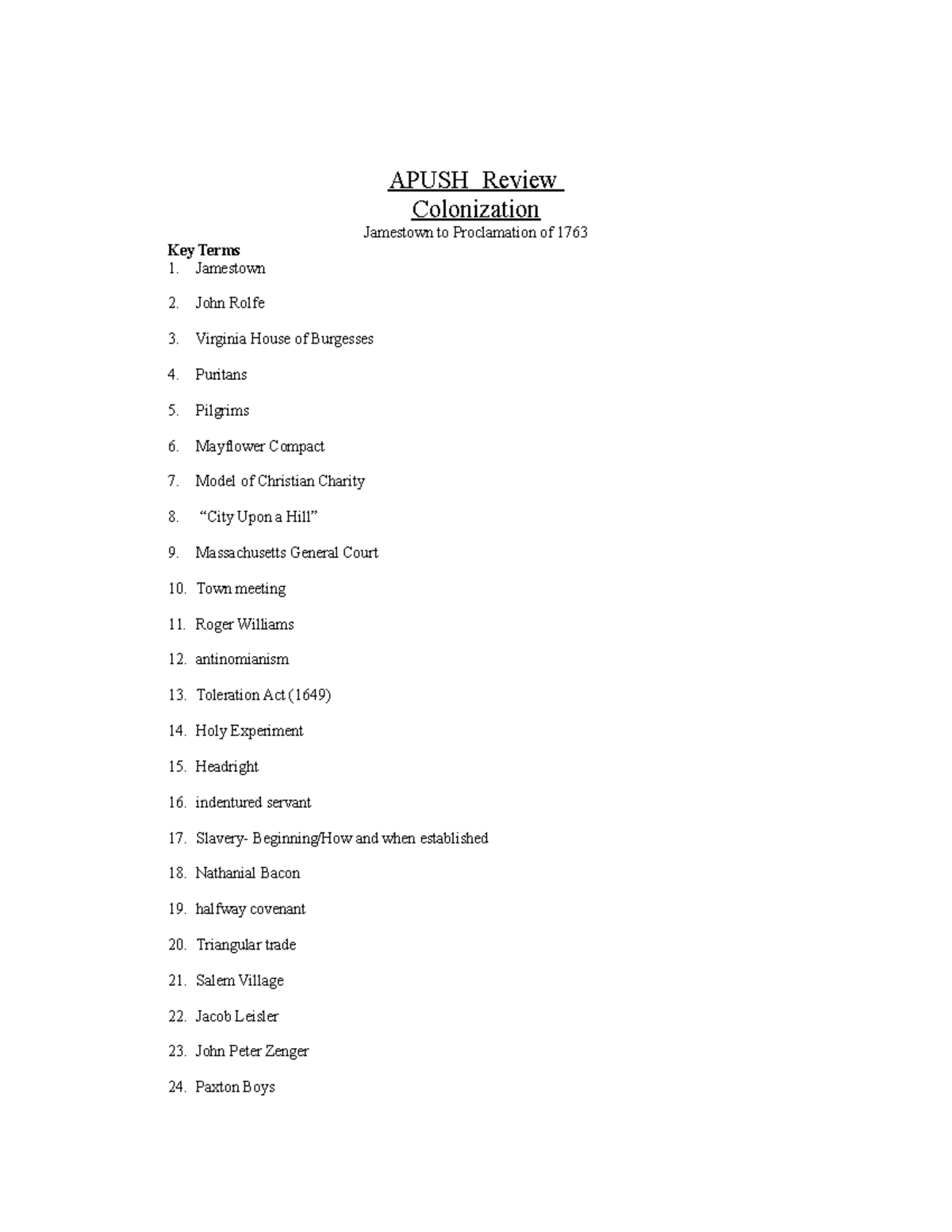 1. Exam Review- Colonization Revised - APUSH Review Colonization ...