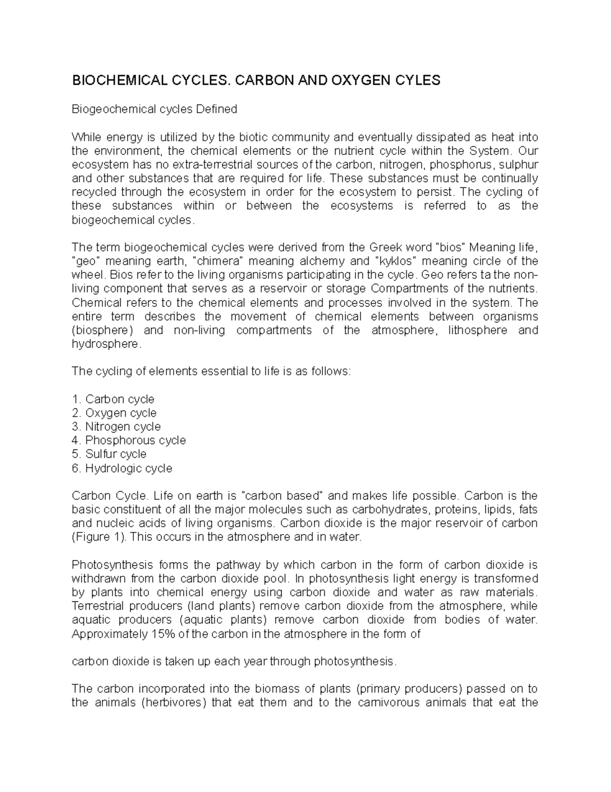 Biochemical Cycles Carbon AND Oxygen Cycles - BIOCHEMICAL CYCLES ...
