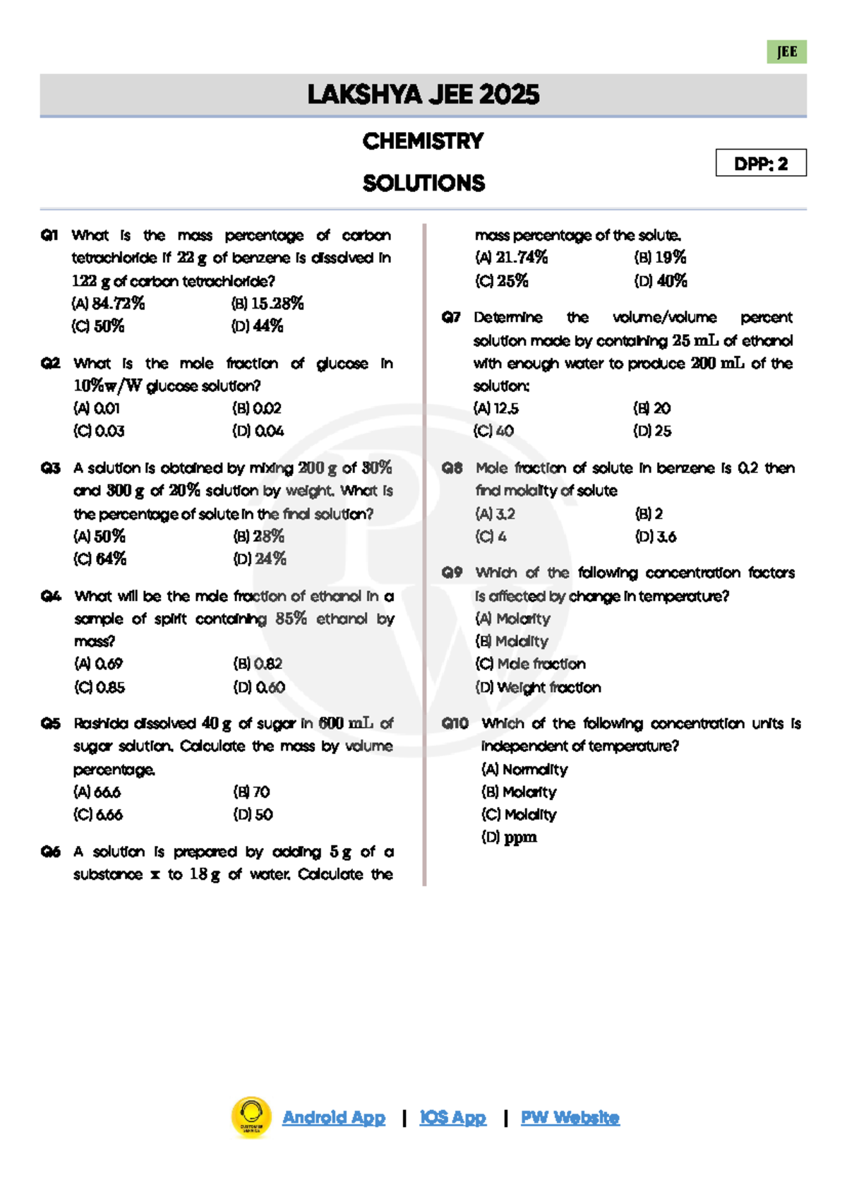Solutions DPP 02 (Of Lec 03) Lakshya JEE 2025 - JEE LAKSHYA JEE 2025 Q 1 What is the mass ...