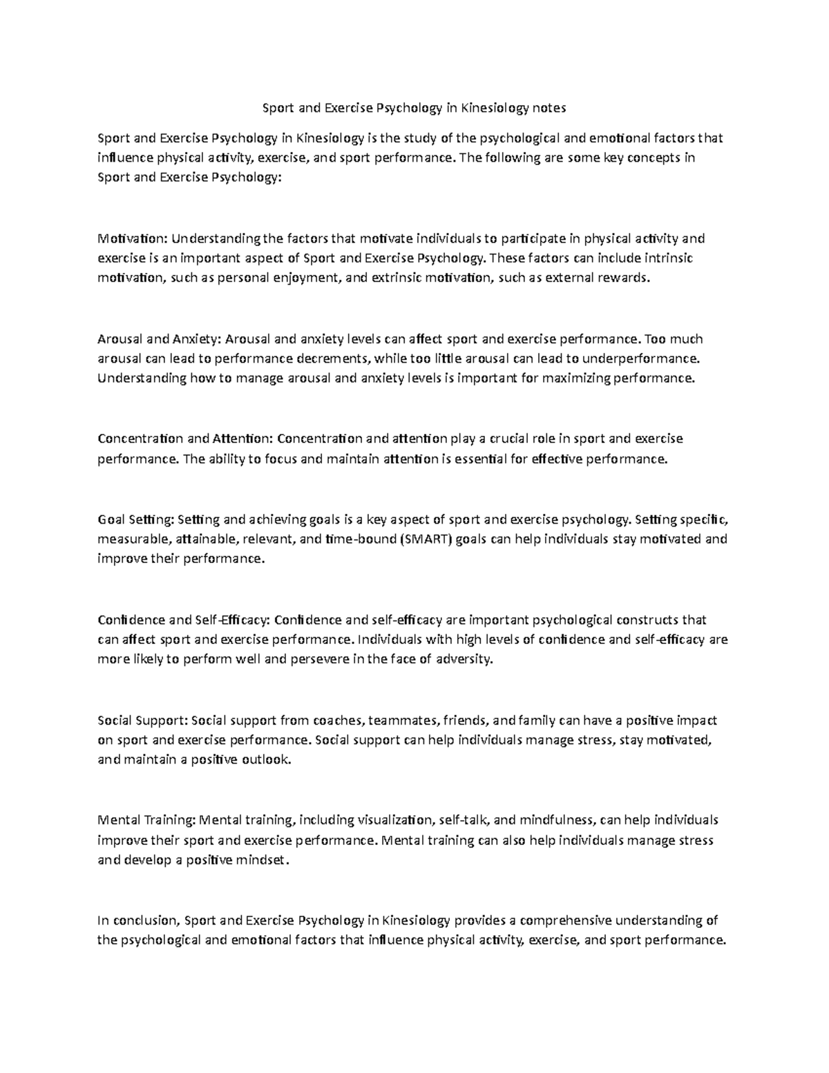 Sport and Exercise Psychology in Kinesiology notes - The following are ...