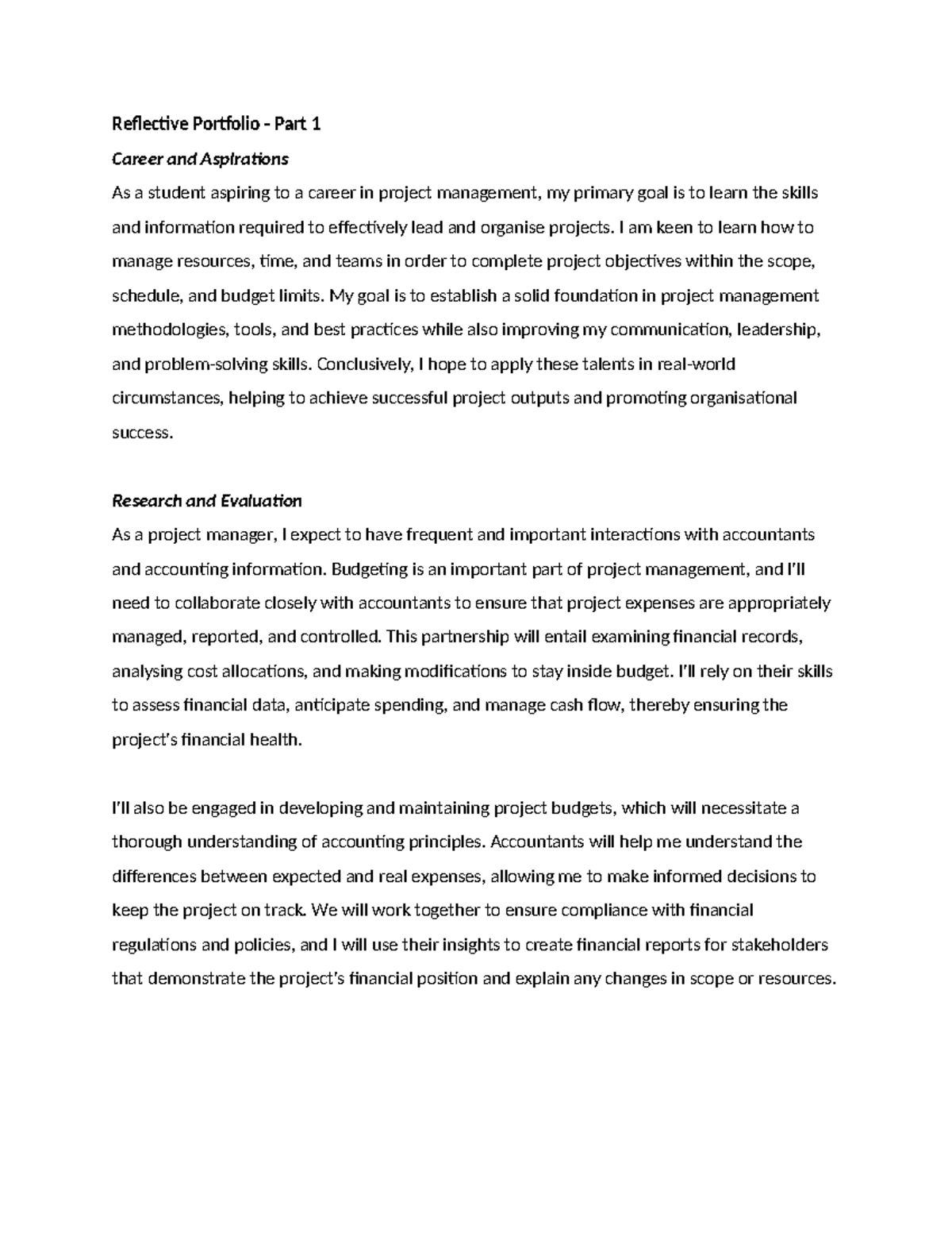 Reflective Portfolio - Part 1 - I am keen to learn how to manage ...