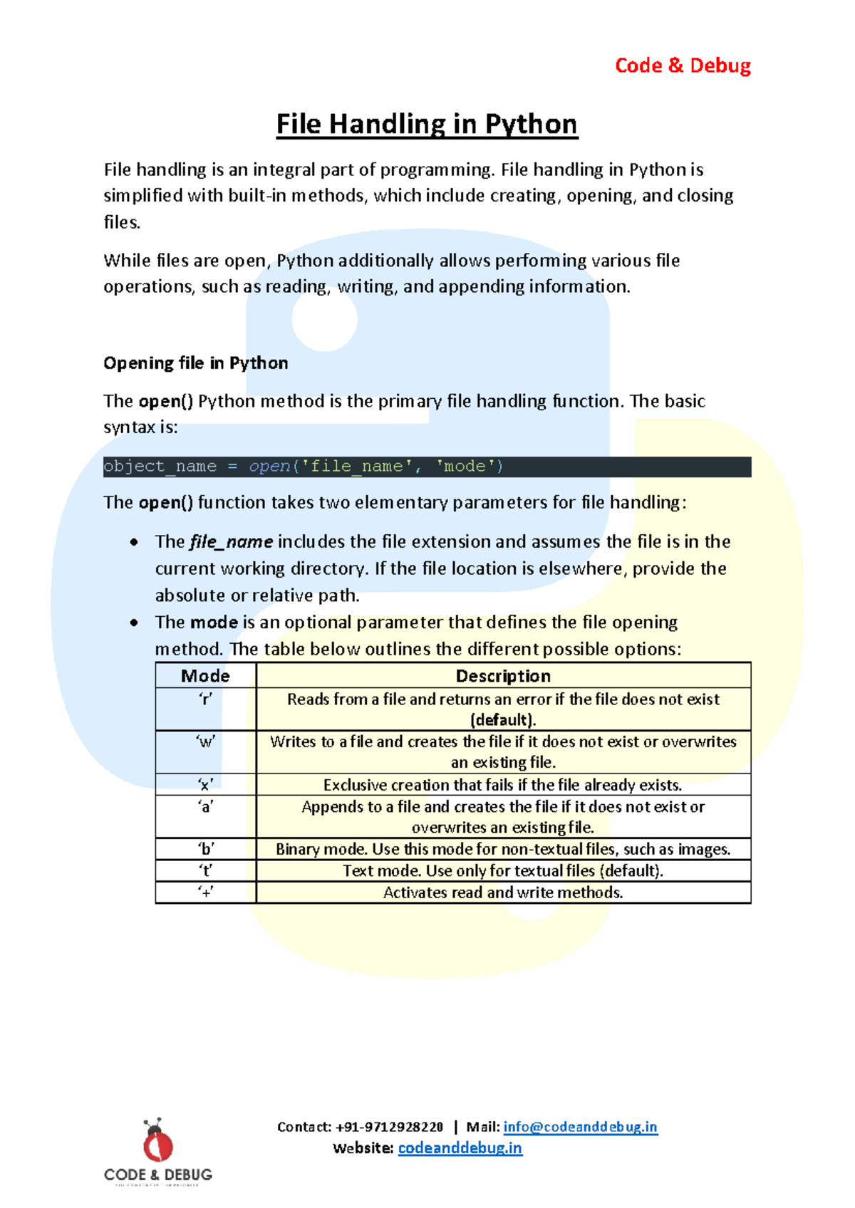 14 Python Contact 91 9712928220 Mail Infocodeanddebug File Handling In Python File