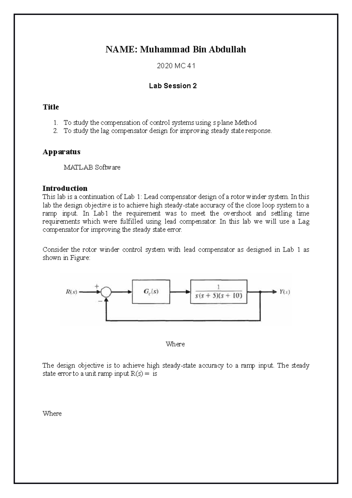 Lab 2 - NAME: Muhammad Bin Abdullah 2020 MC 41 Lab Session 2 Title 1. To study the compensation ...