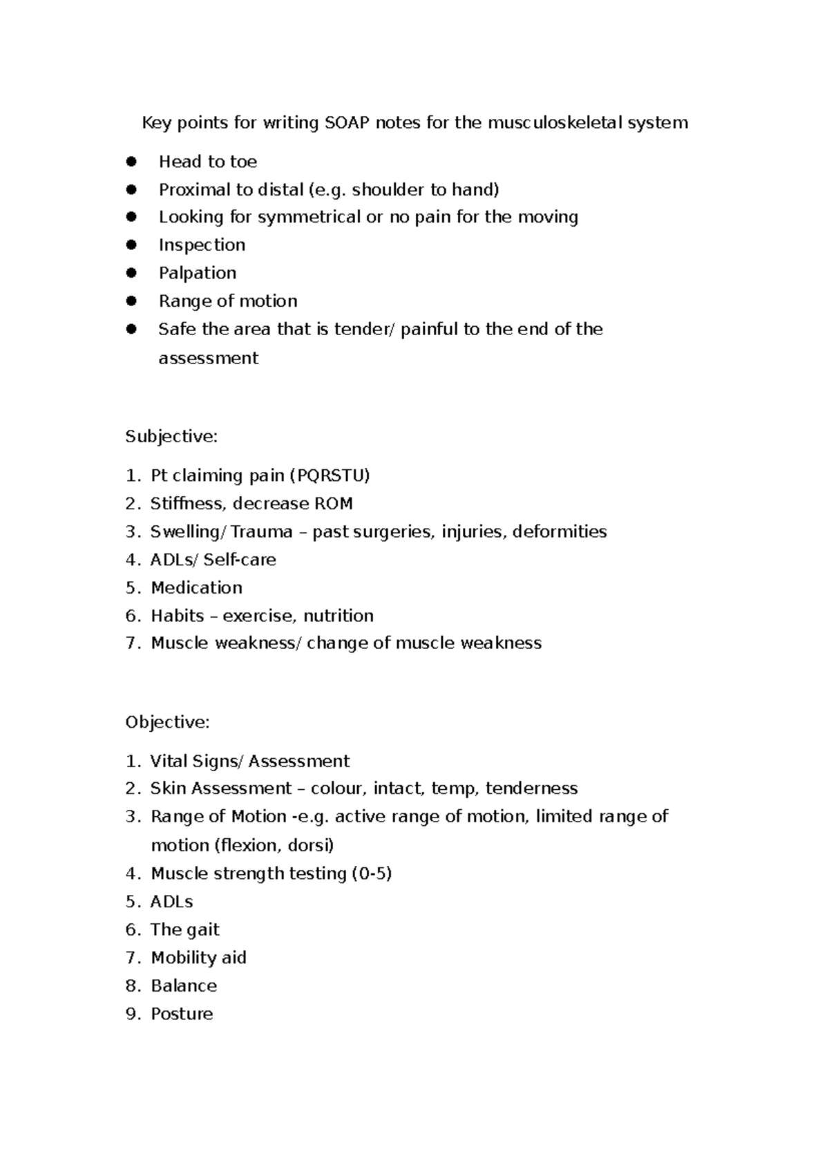 Key points for writing SOAP notes for the musculoskeletal system ...