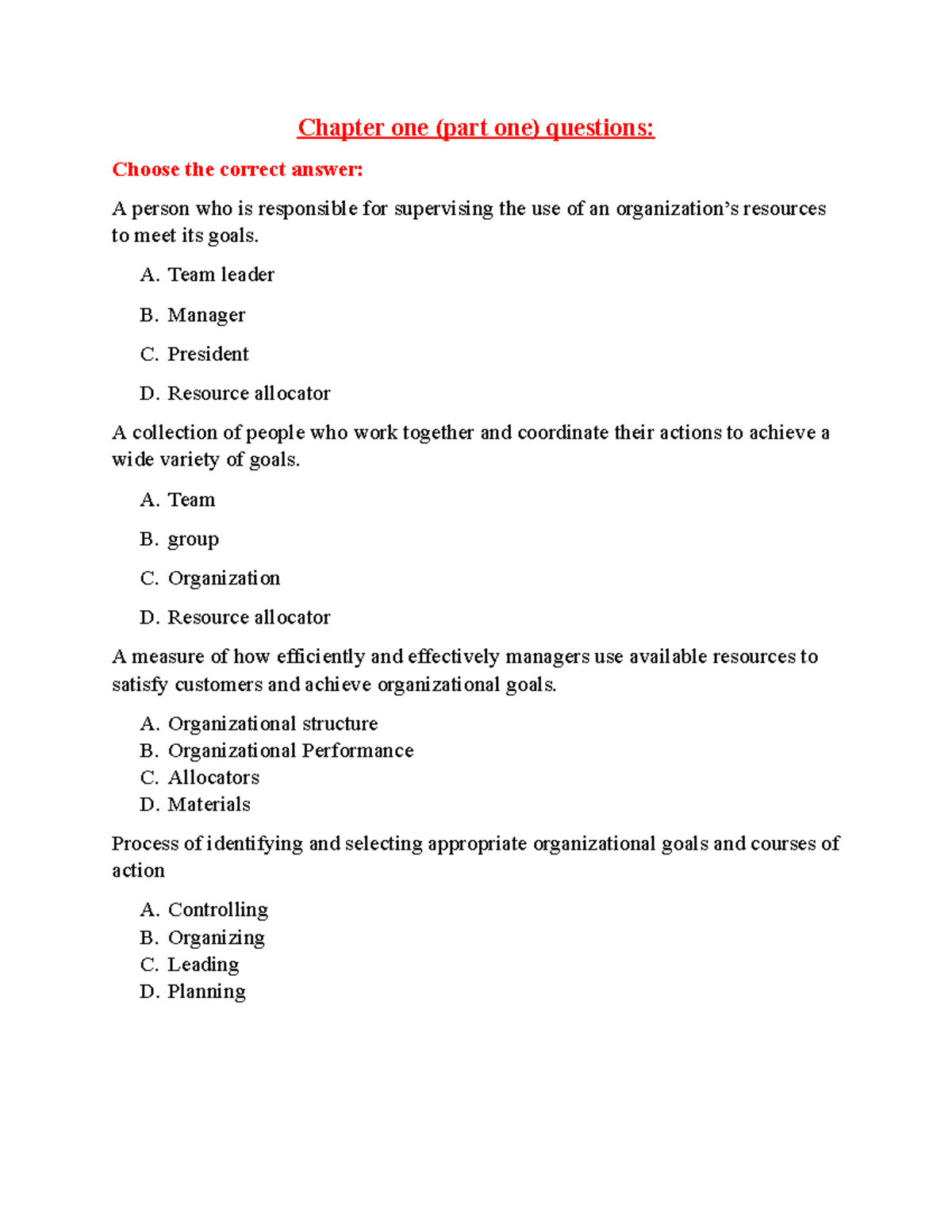 Managment worksheet 1 - Chapter one (part one) questions: Choose the ...